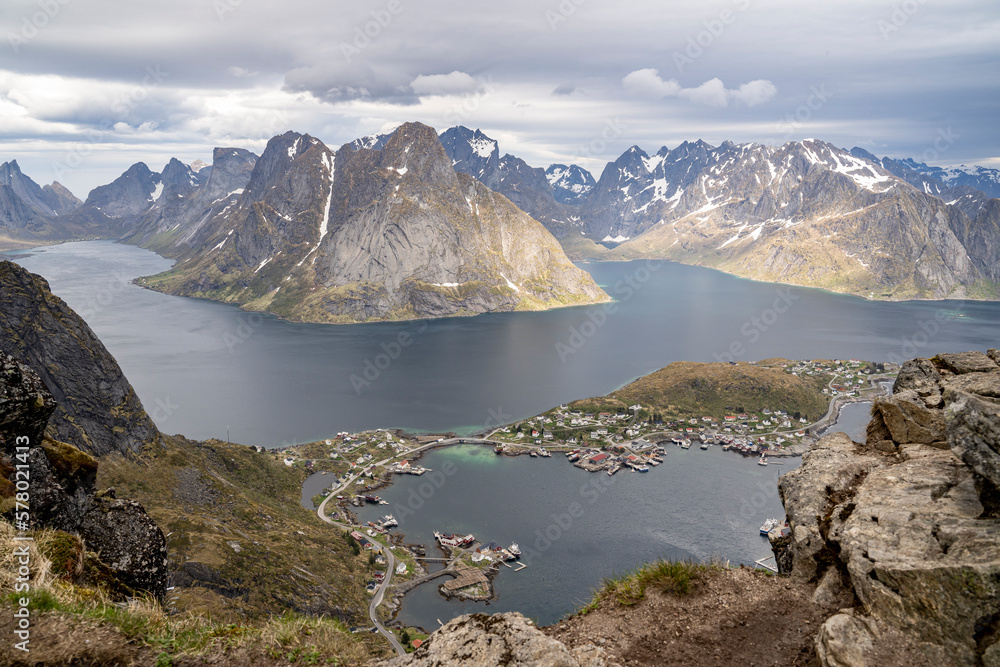 Islets and vehicular flyovers at Reine, Lofoten, Norway, overlooking ...