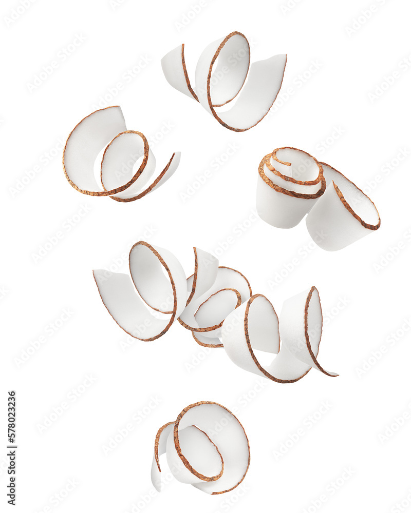 Falling Coconut curls, shavings, isolated on white background, full ...