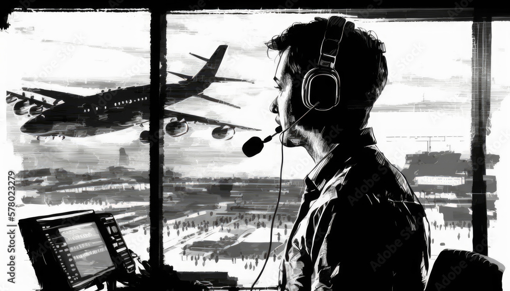 The air traffic controller looks out the window at the plane, drawing ...