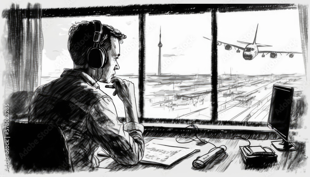 The air traffic controller looks out the window at the plane, drawing ...