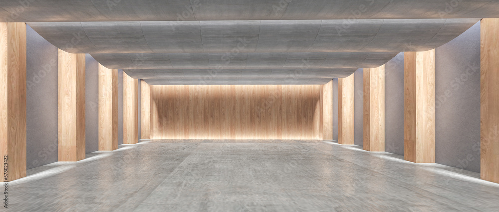 Space hall building, the concrete floor, columns decorated with wood ...