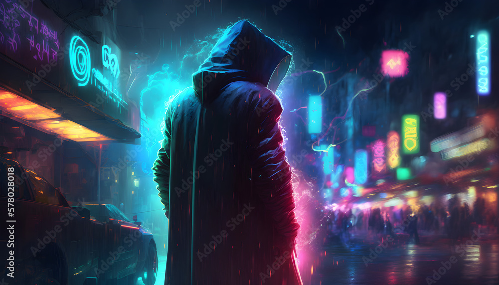 person in the night, digital art, artwork, cyber, cyberpunk, neon ...