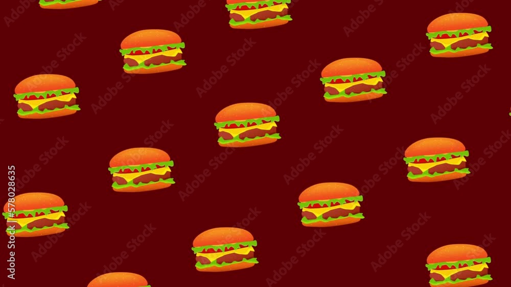 Burgers animation in scrolling in diagonal position 4K background. Fast ...