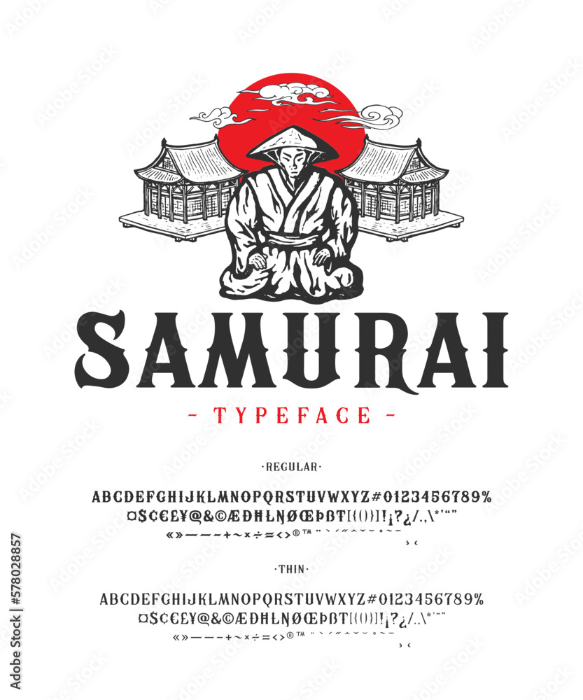 Vector vintage font Samurai. Letters and numbers Stock Vector | Adobe Stock