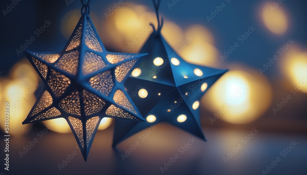 a close up of two paper stars on a table with lights in the backgroup ...