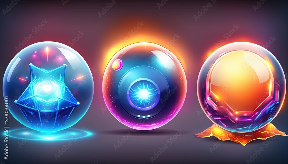 a set of three shiny orbs with different shapes and colors on a dark ...