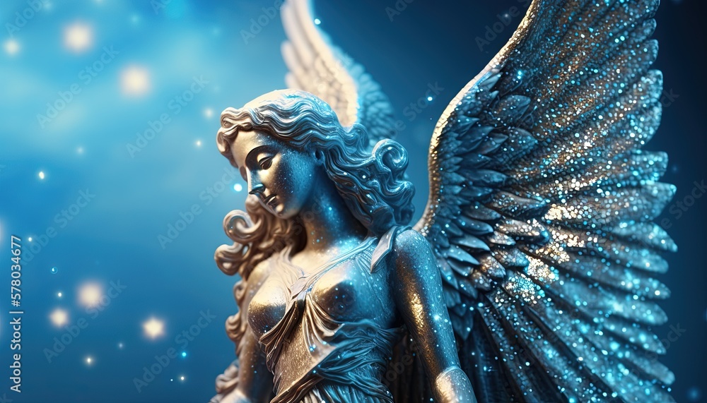 a statue of an angel with sparkling wings on a dark blue background ...