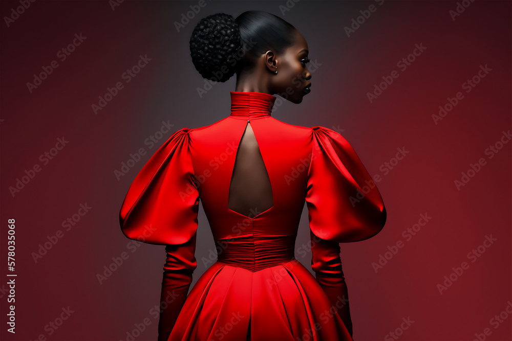 back view of a black woman in red dress,, Generative Al Stock ...