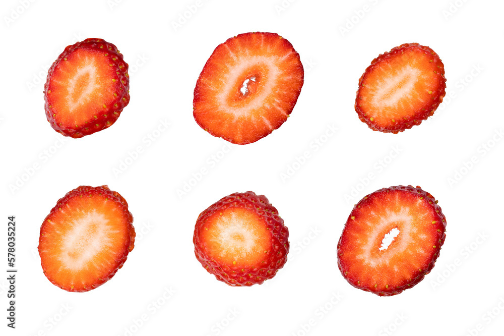 Red Strawberries with green leaf isolate on white background. Top view ...