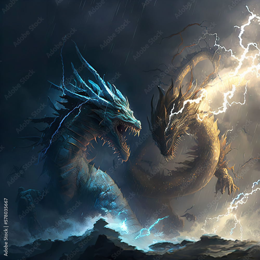 earth dragon vs water dragon in a hurricane storm Generative AI Stock ...