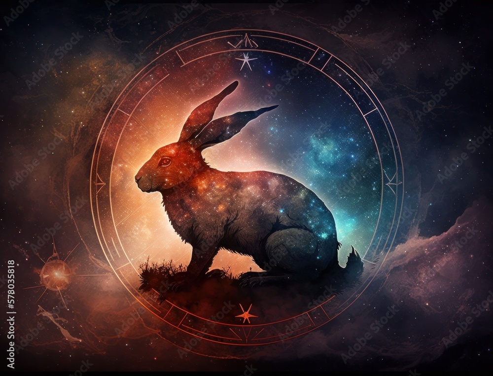 Chinese Zodiac rabbit sign on space background. Concept of horoscope ...