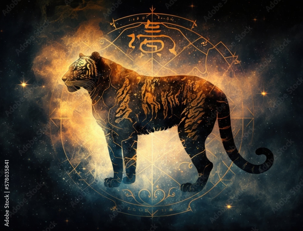 Chinese Zodiac tiger sign on space background. Concept of horoscope and ...