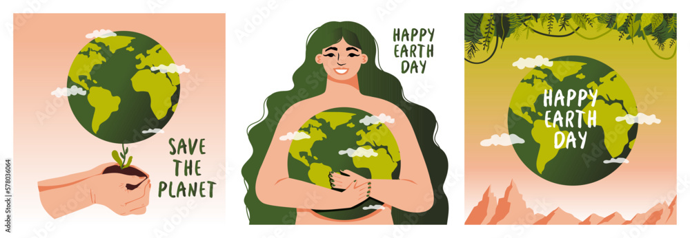 Happy Earth Day set. Planet Earth with clouds and houses. Mother ...