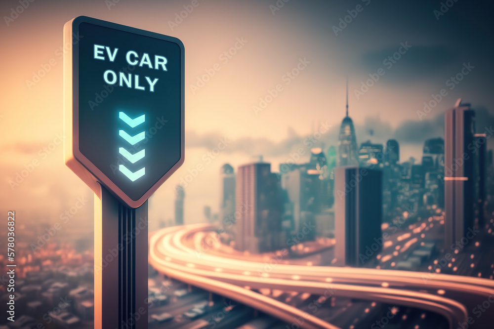 "EV Car only" traffic signpost which is demonstrate that only the ...
