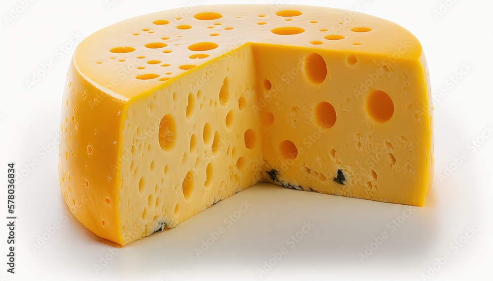 a wedge of cheese with holes in the middle on a white background with a ...