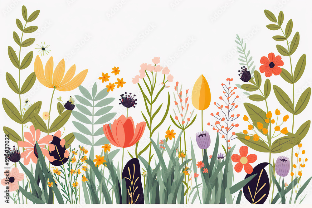 Spring meadow flowers. Adorable watercolor horizontal border of a ...