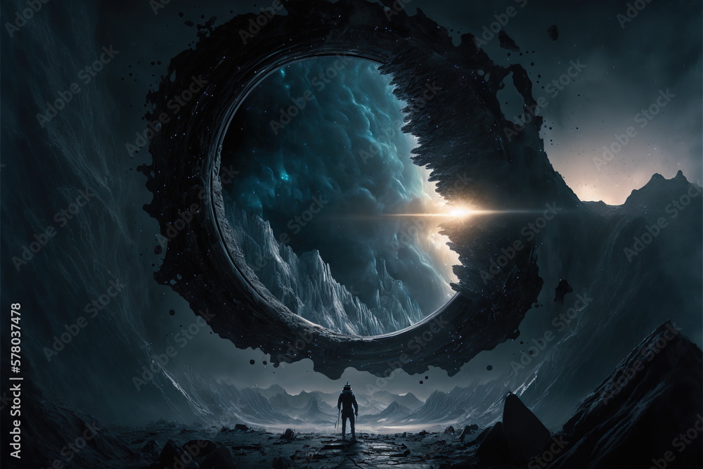 Spaceman travel through the space with mysterious sci-fi fantasy portal ...