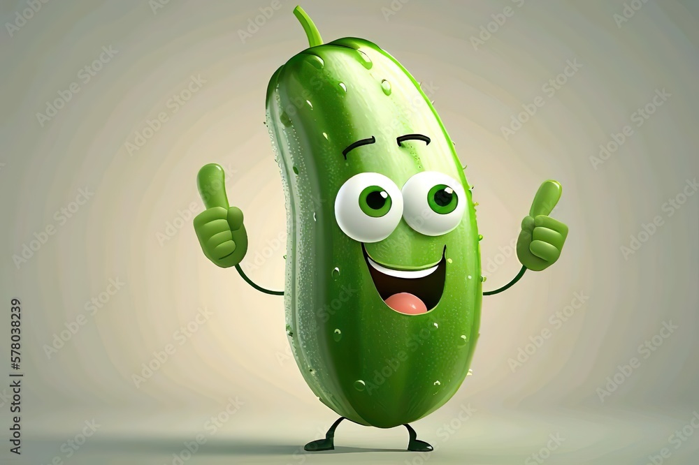 Eine gurke als fröhlicher Cartoon Charakter mit Daumen hoch. Mit Augen ...