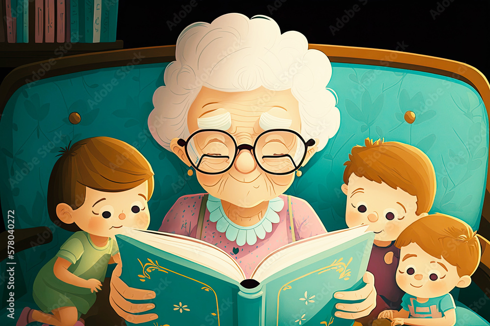 Grandmother reading children's book to her grandchilden. Generative AI ...