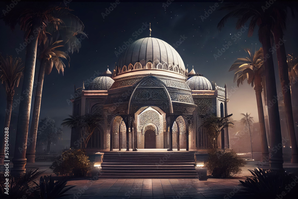 Muslim mosque building. Beautiful night view of mosque with stars ...