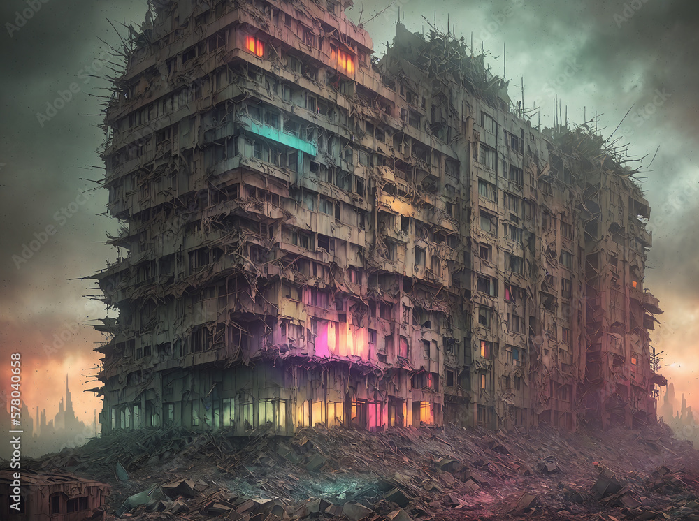 Bad inclement weather at sunset, apocalyptic architecture, a group of ...