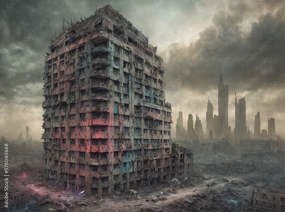 Bad inclement weather at sunset, apocalyptic architecture, a group of ...