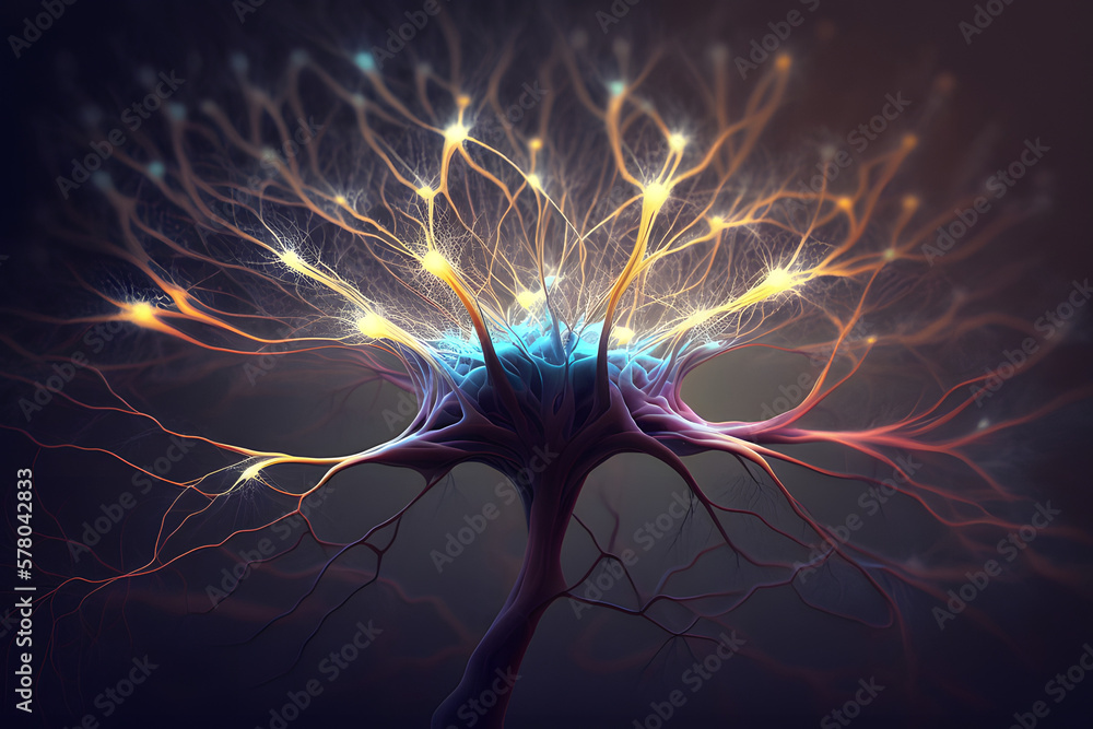 Neuron close-up illustration showing electrical transmissions ...