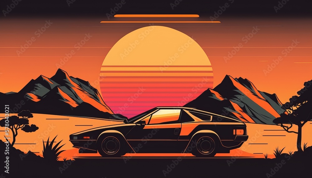 Generative AI, Retro car in retro style, nostalgic 80s, 90s. Night city ...