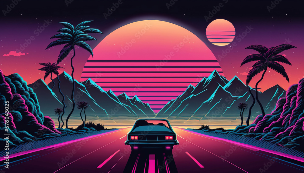 Generative AI, Retro car in retro style, nostalgic 80s, 90s. Night city ...