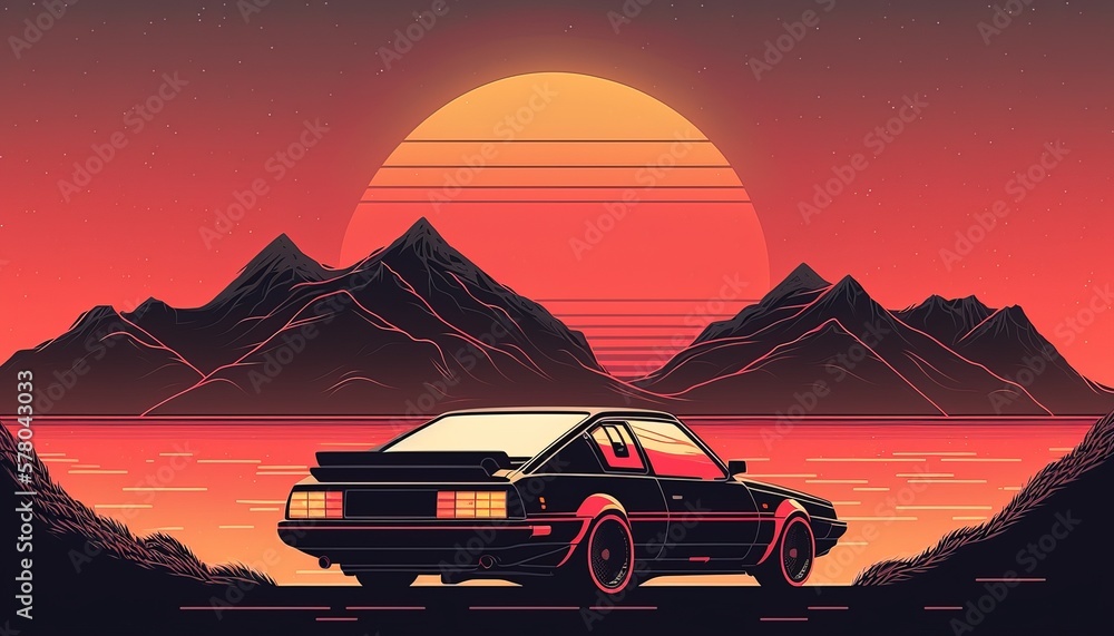 Generative AI, Retro car in retro style, nostalgic 80s, 90s. Night city ...