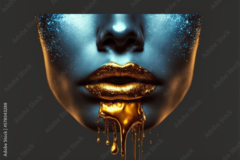 Closeup golden liquid painting on woman sexy lips. Concept in abstract ...
