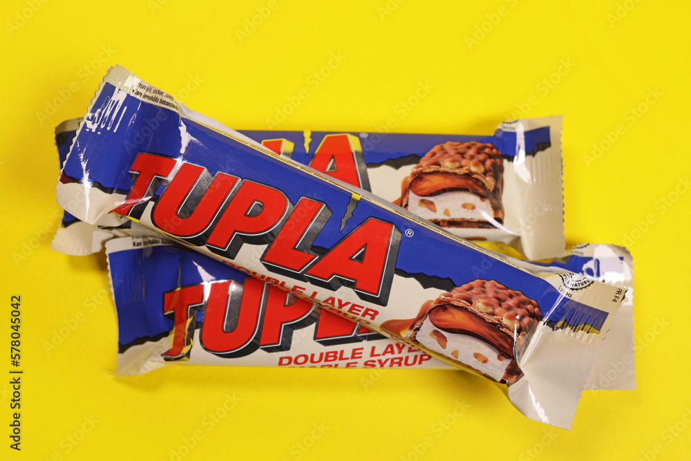 Magdalinovka, Ukraine - March 1, 2022. Tupla chocolate bar with maple ...