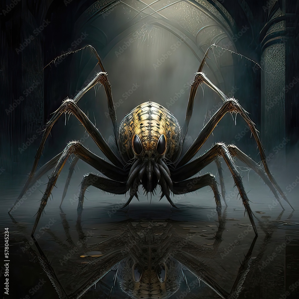 Black scary spider closed up on a dark background. Poisonous scary ...