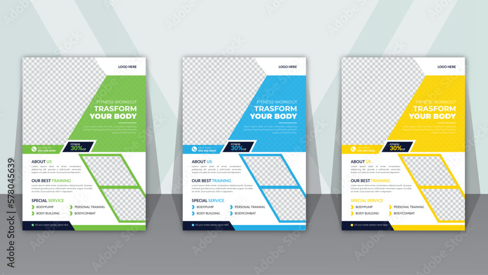 workout gym class flyer body building and fitness abstract shape health ...