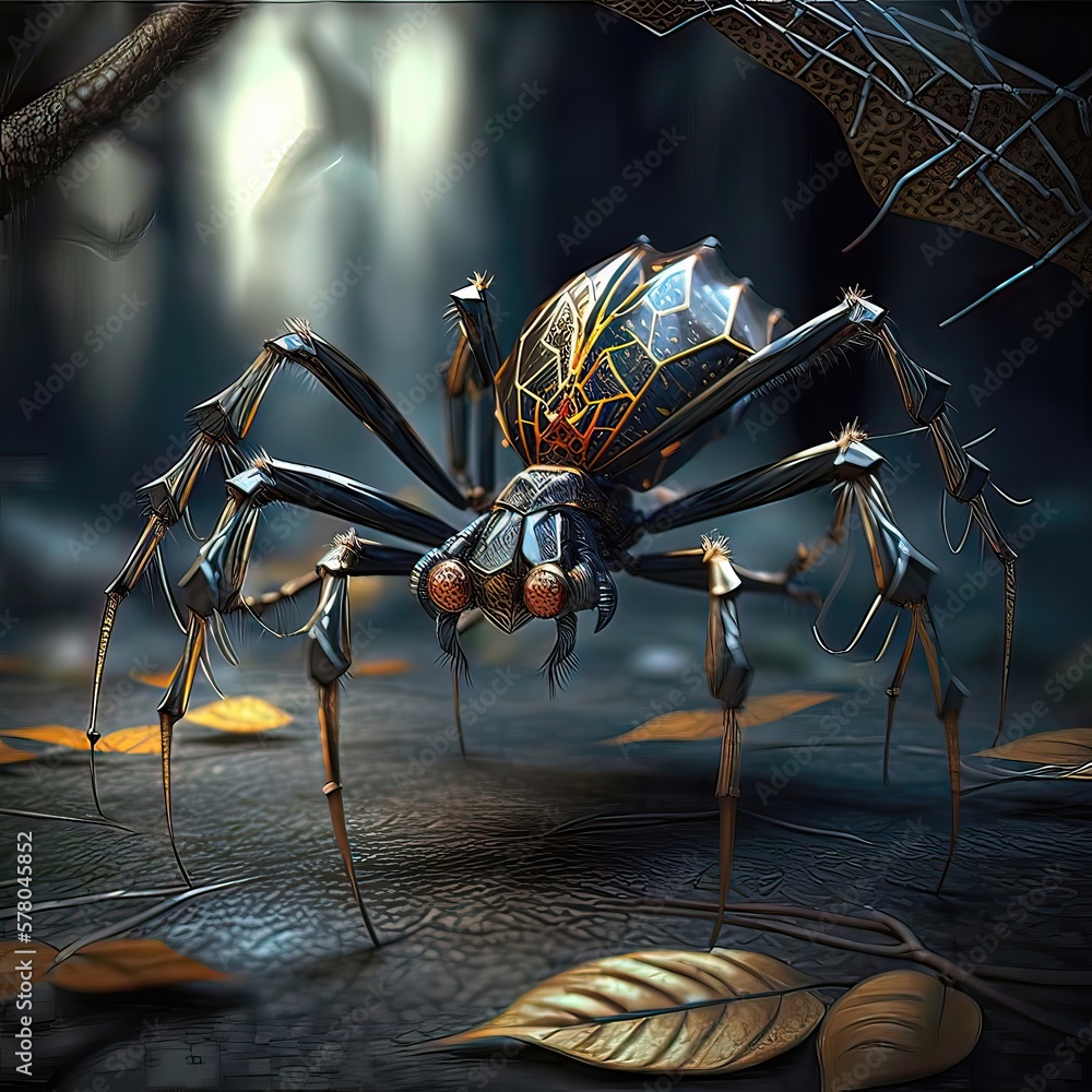 ภาพประกอบสต็อก Black scary spider closed up on a dark background ...