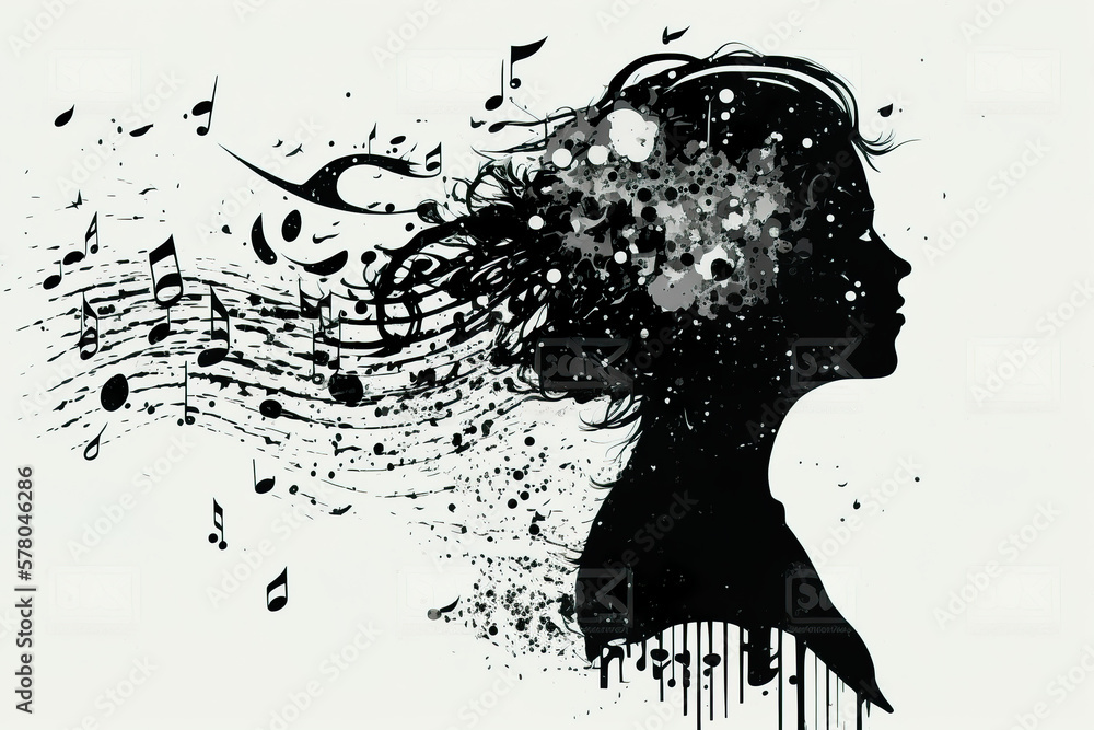 Female musician silhouette with musical notes. Listening to music calms ...