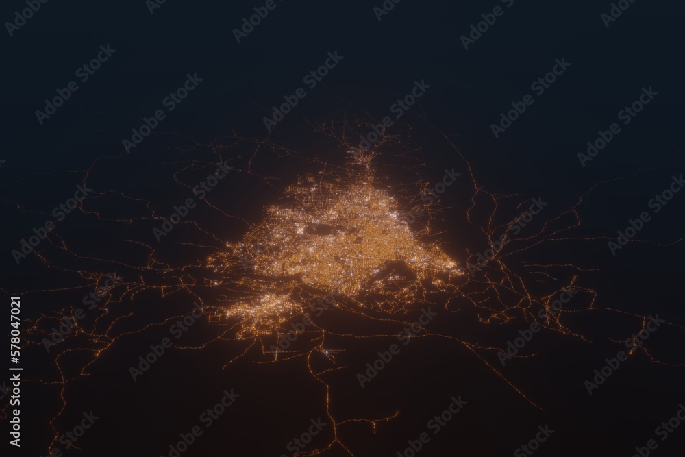 Aerial shot on Juba (South Sudan) at night, view from east. Imitation ...