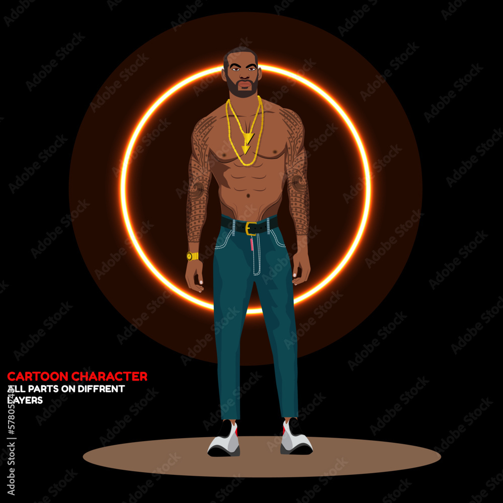 dark skin 2d cartoon character with a shirtless golden chain and golden ...
