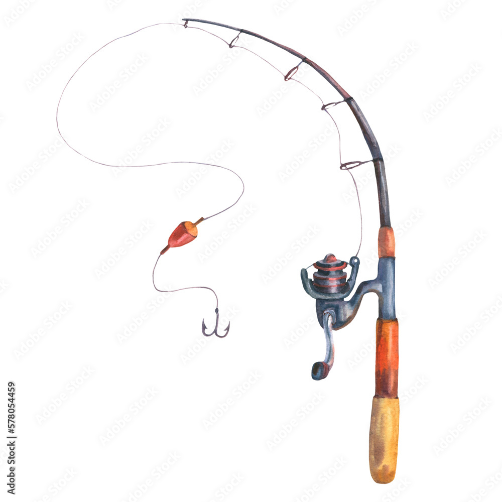 Fishing rod, watercolour illustration, grey, silver, red colours. Tool ...