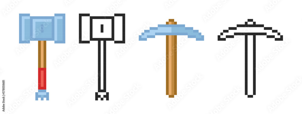 Hammer and Pickaxe icon in pixel style. Set of retro pixelated icons ...