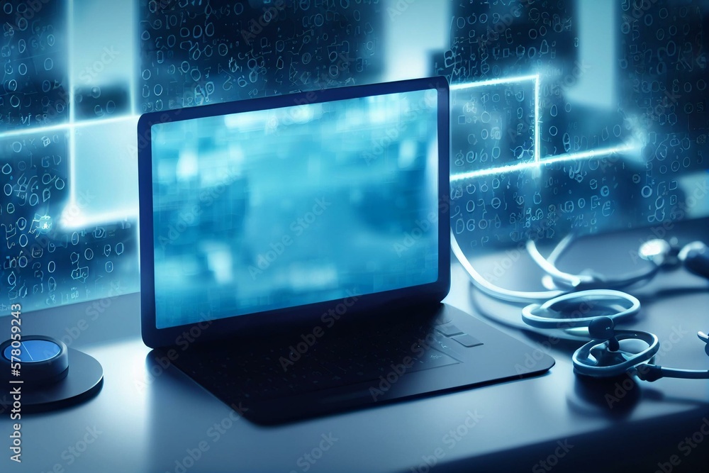 Laptop with blue matrix and message SYSTEM HACKED on the screen as ...