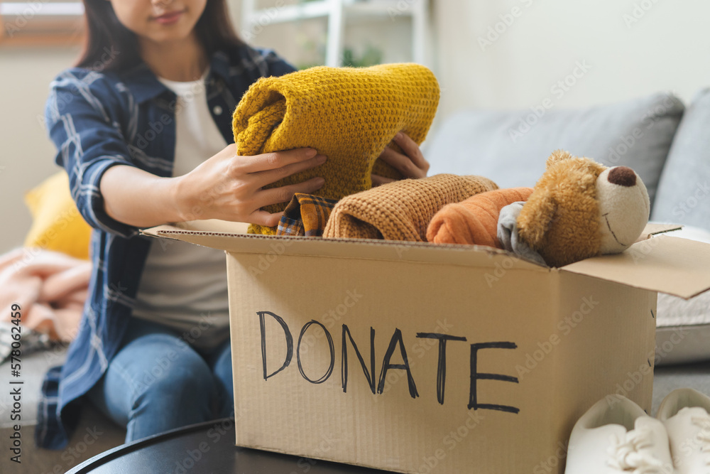 Recycling, Donation for poor, hand asian young woman, girl packing ...