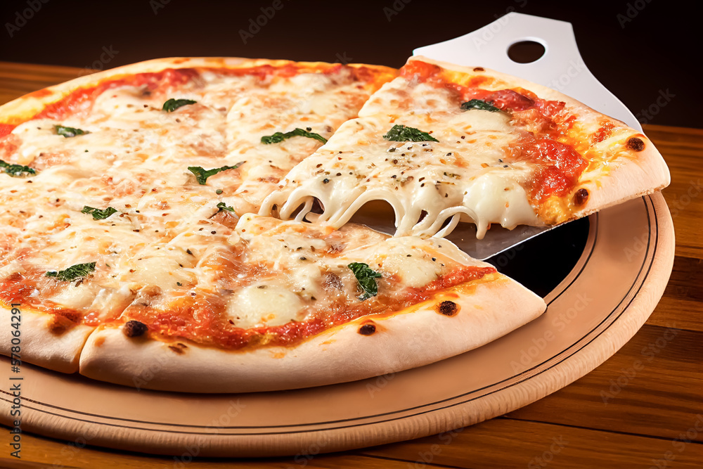 PIZZA DE MUZZARELLA, SOBRE TABLA DE MADERA. ILUSTRACION. COLOR. IA ...