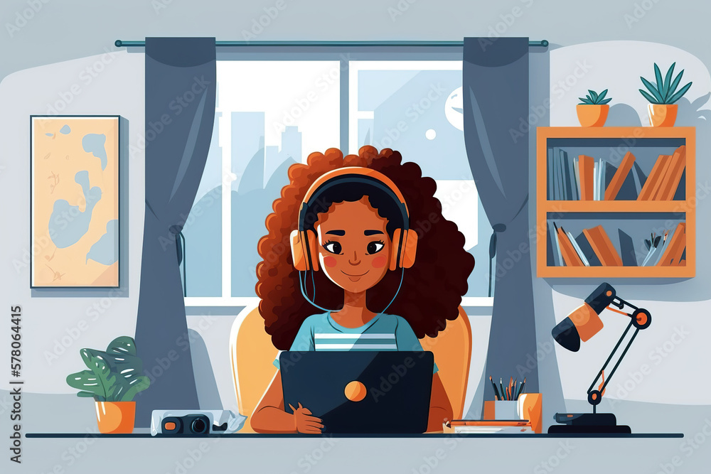 Happy teen school girl remote college student wearing headphones ...