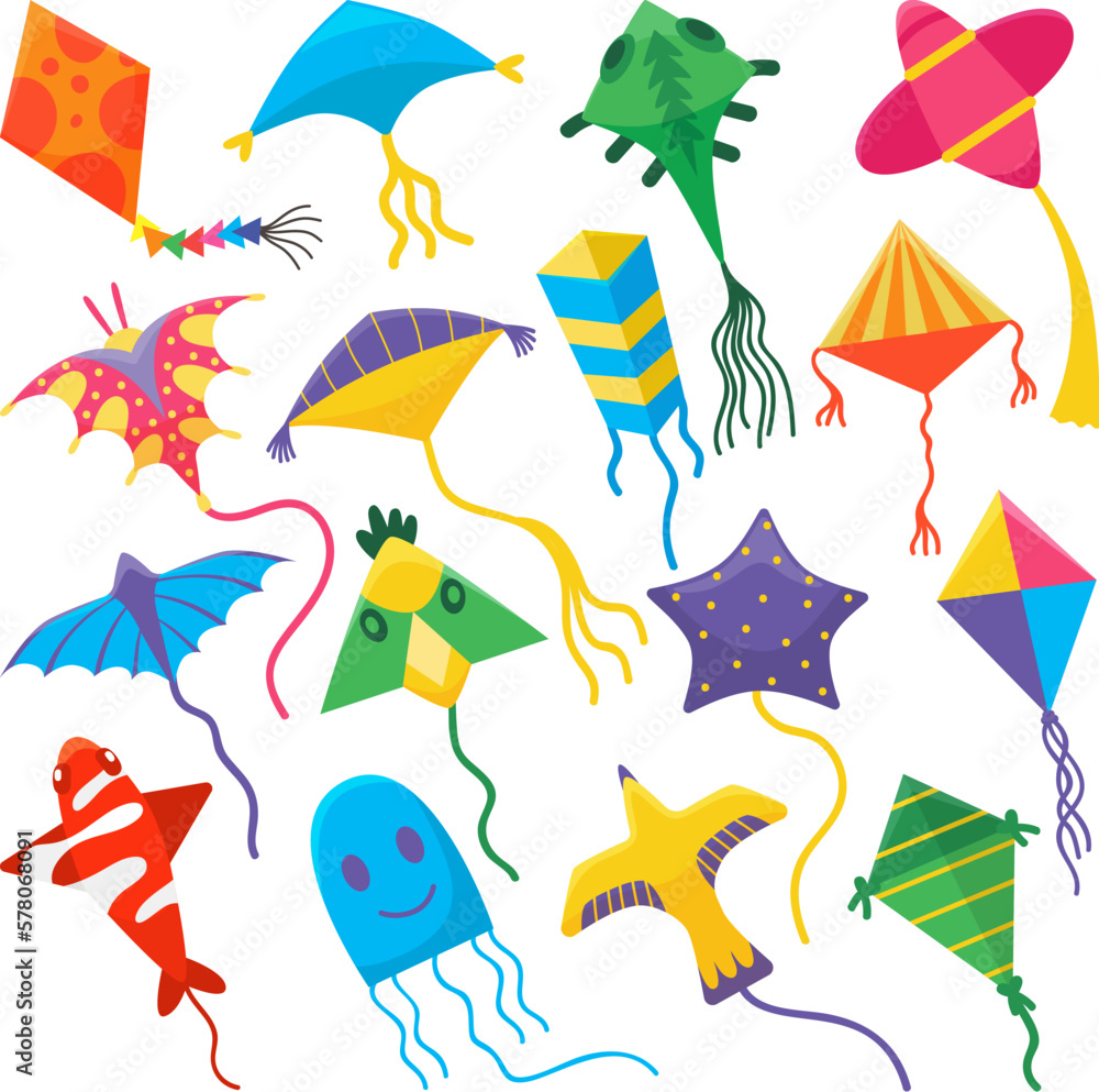 Cartoon kite, kid colorful toys kites on threads flying. Wind free fly ...