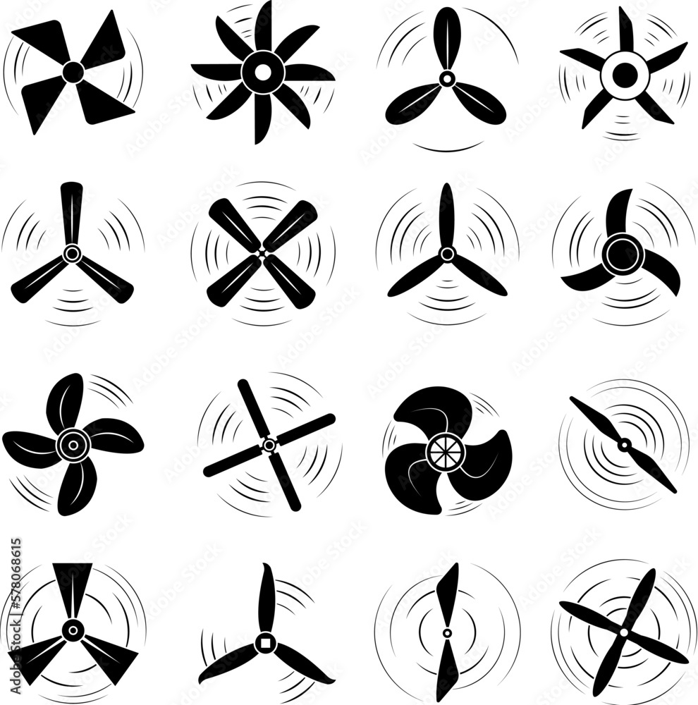 Black airplane propellers symbols. Propeller blade elements, rotate ...