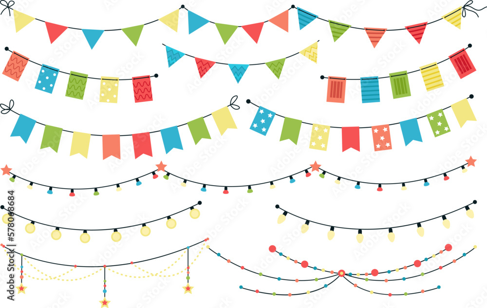 Bunting flags collection, hanging garland graphic, retro flag pennant ...