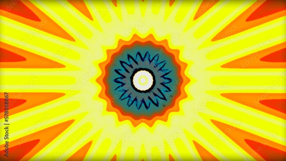 Cartoon animation with kaleidoscopic shapes of sun. Motion. Spreading ...
