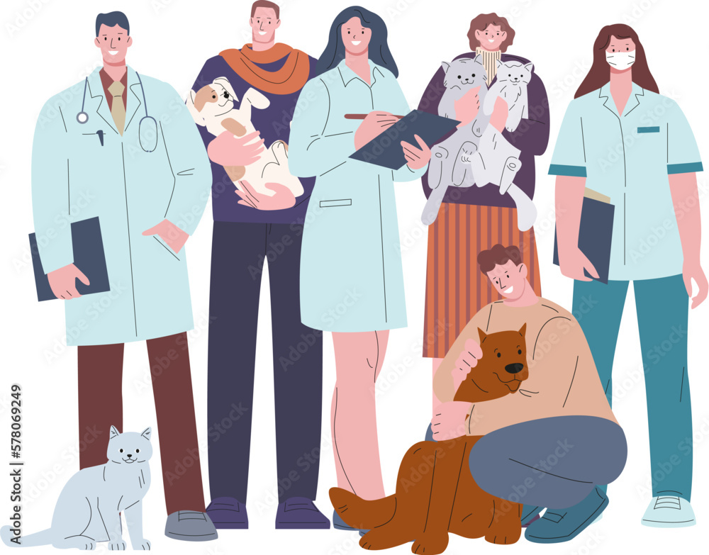 Veterinarian and patients, cats and dogs with owners. Happy people with ...