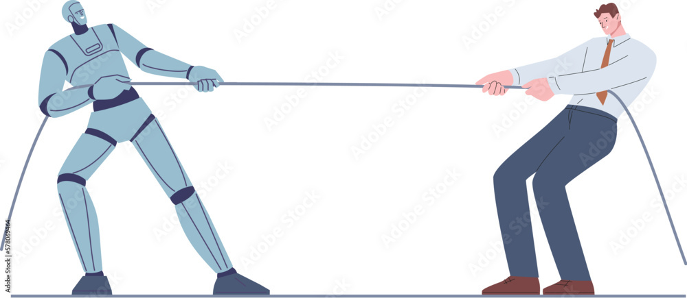 Robot vs person competition. Machine doing challenge to person, career ...